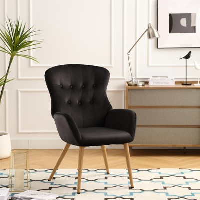Modern Tufted Button Wing Back Accent Chair With Metal Legs, Black ...