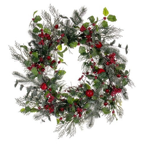 Vickerman 24" Green Artificial Holly Pine And Red Jingle Bell Wreath ...