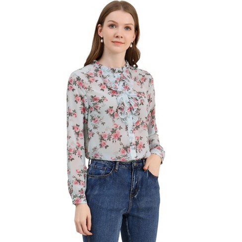 Allegra K Women's Floral Long Sleeve Retro Ruffled Button Down Top Light Blue Medium : Target