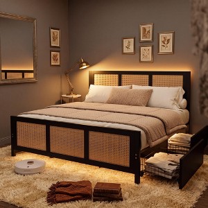Bed Frame with 4 Storage Drawers, Boho Cane Headboard with Built-In ...