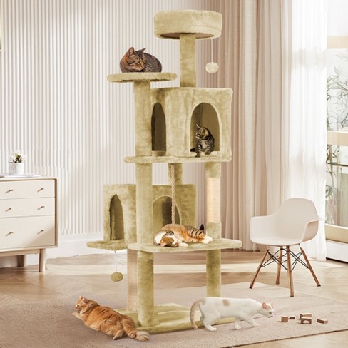 Beige Modern 600gsm Soft Plush Cat Tree Pet Tower With Top Perch And ...