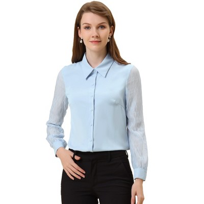 Allegra K Women's Button Down Sheer Sleeve Point Collar Work Tops Light ...