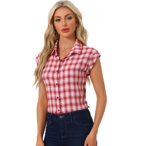 Allegra K Women's Summer Plaid Short Sleeves Button Down Shirt Red ...