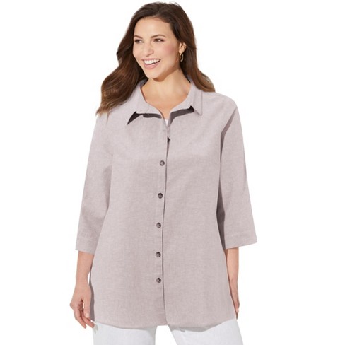 Catherines Women's Plus Size Classic Linen Buttonfront Shirt - 0x, Sand ...