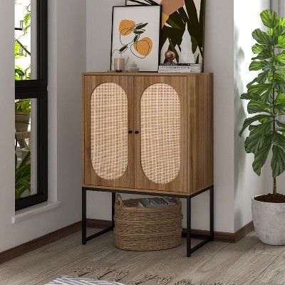 Natural Rattan 2 Door High Cabinet with Built in Adjustable Shelves Walnut ModernLuxe