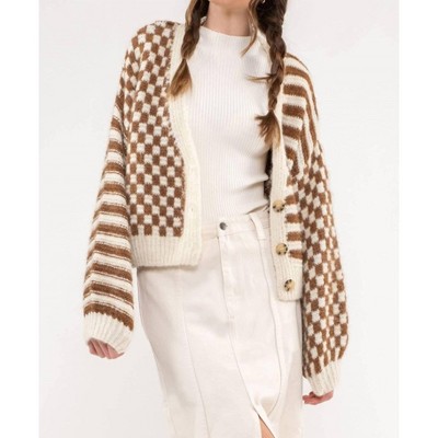 Women's Stripe And Checkered Drop Shoulder Knit Cardigan - Blu Pepper ...