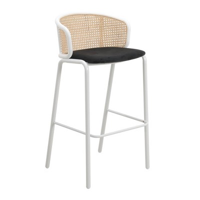 LeisureMod Ervilla Wicker Bar Stool with Fabric Seat and White Steel ...
