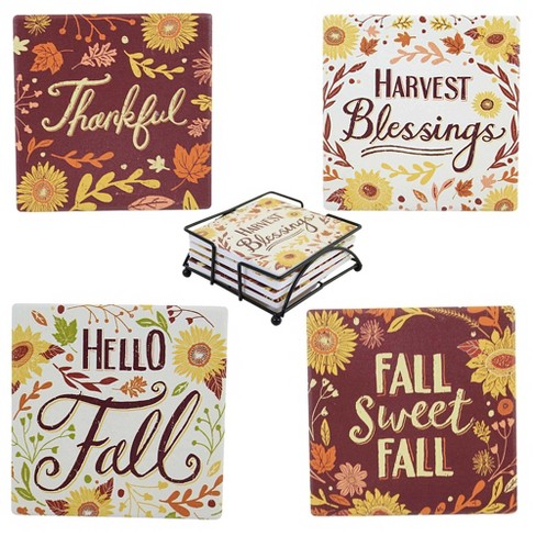 1.75 In Hello Fall Coaster Set Sunflowers Harvest Thanksgiving Coasters ...