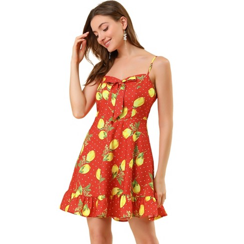 Allegra K Women's Floral Ruffle Bow Knot Lemon Spaghetti Strap Mini ...