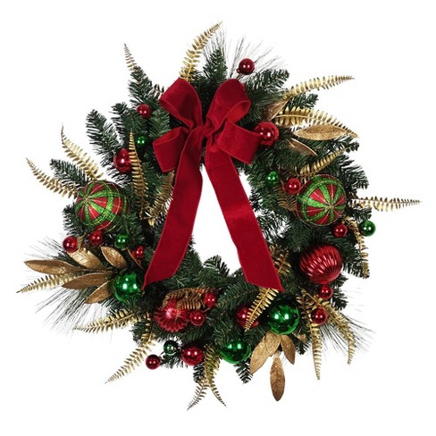Kurt Adler 24-inch Unlit Gold, Red And Green Ribbon Wreath : Target