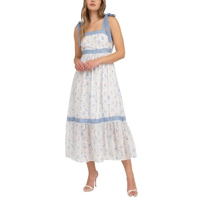 August Sky Women's Sleeveless Lace Trim Floral Midi Dress, Blue Multi ...
