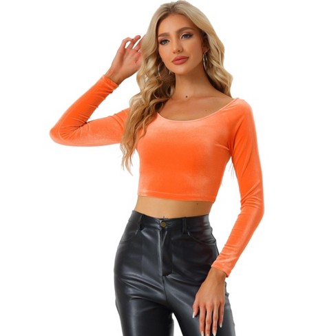 Allegra K Women's Velvet Scoop Neck Long Sleeve Solid Crop Top Orange ...
