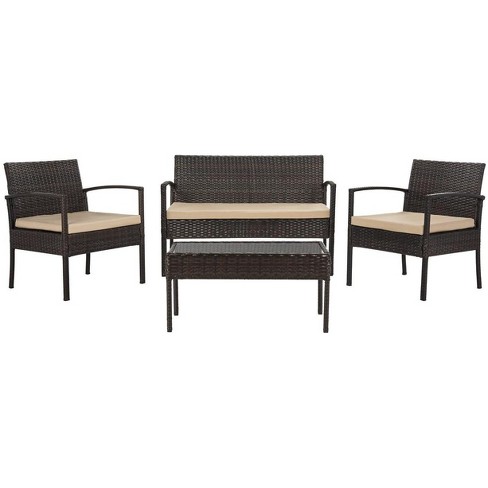 Mattia 4 Piece Rattan Patio Outdoor Living Set - Brown/beige - Safavieh ...