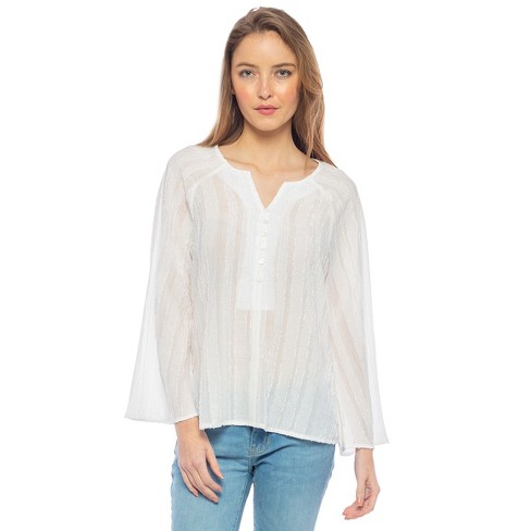 Parker And Rowe | Texture Stripe Blouse With Bell Sleeve - White, Large ...