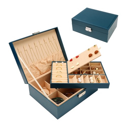 Unique Bargains Pu Leather 2 Layer Jewelry Box With Mirror Blue Green ...