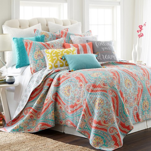 Greenwich Multi Damask Quilt Set King Quilt And Two King Shams Coral Teal Yellow Levtex Home Target