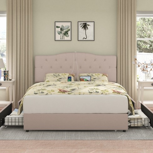 Vecelo Queen Size Bed Frame With Storage Drawers & Charging Ports ...