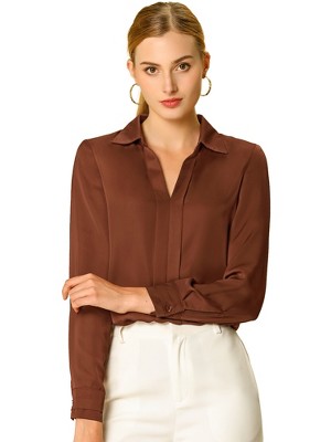 Allegra K Women's Elegant V Neck Long Sleeve Office Work Satin Blouse ...
