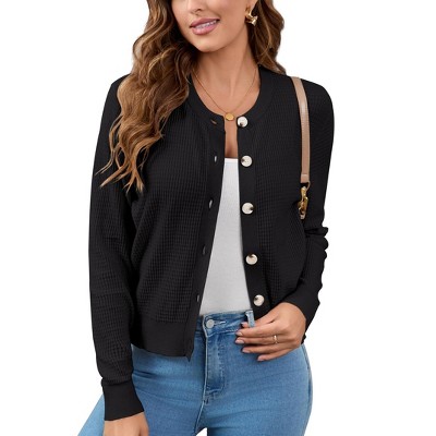 Womens Waffle Knit Cardigan Long Sleeve Button Down Cardigan Round Neck ...