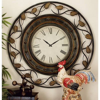 36"x36" Metal Leaf Wall Clock With Scrolled Vines Brown - Olivia & May ...