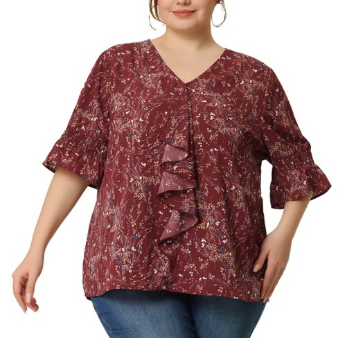 Agnes Orinda Women's V Neck Ruffle Smocked Sleeve Summer Blouses Wine ...