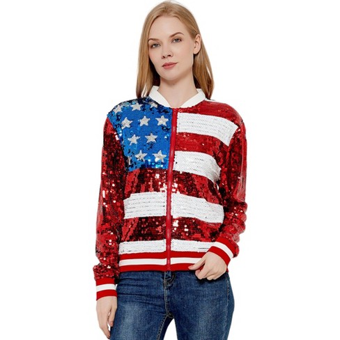 Anna-kaci Women's Sequin American Flag Bomber Zip-up Jacket Flag ...