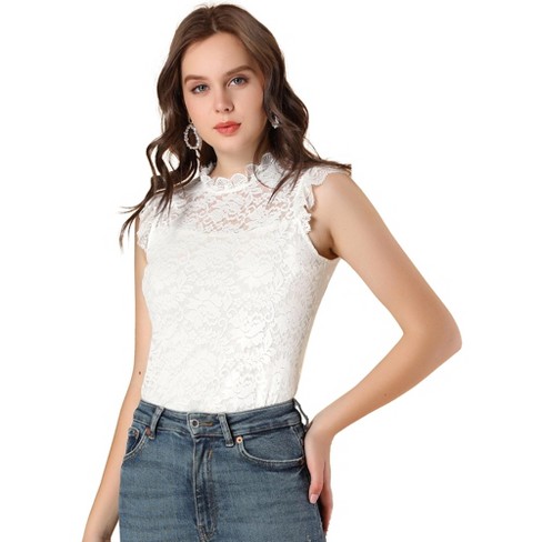 Allegra K Women's Sleeveless See-through Ruffle Scalloped Trim Semi ...