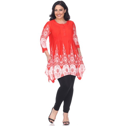 Women's Plus Size 3/4 Sleeve Printed Dulce Tunic Top Red/white 2x ...