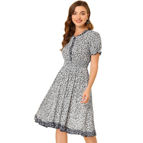 Allegra K Women's Floral Ruffle Neck Smocked Waist Short Sleeve ...