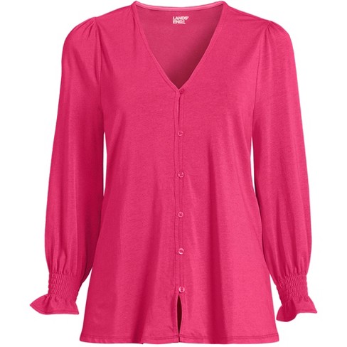Lands' End Women's 3/4 Sleeve Lightweight Jersey Button Front Top ...
