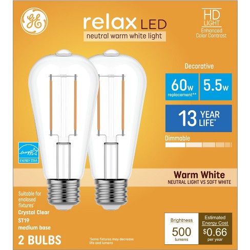 Ge 2pk 60w Relax St19 Led Light Bulbs Warm White: E26 Edison Base ...