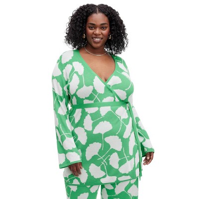 Women's Long Sleeve V-neck Ginkgo Green Sweater Wrap Top - Dvf For ...