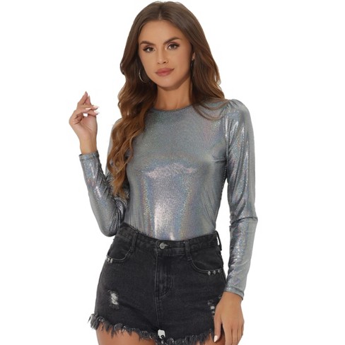 Allegra K Women's Long Sleeve Puff Sleeve Party Glitter Shiny Metallic ...