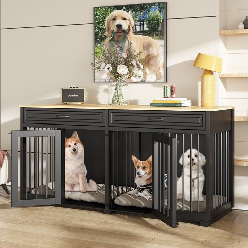Fufu&gaga Wooden Double Dog Crate Kennel Furniture With 2 Drawers & Divider Black : Target