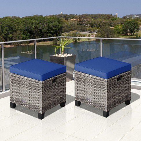 Costway 2pcs Patio Rattan Cushioned Ottoman Seat Foot Rest Table Navy ...