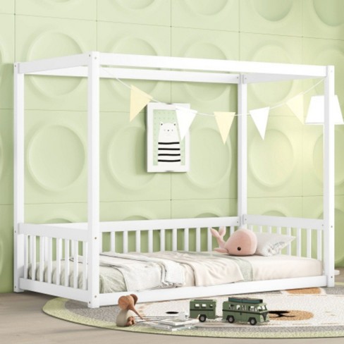 Durable Twin Size Canopy Frame Floor Bed With Fence : Target