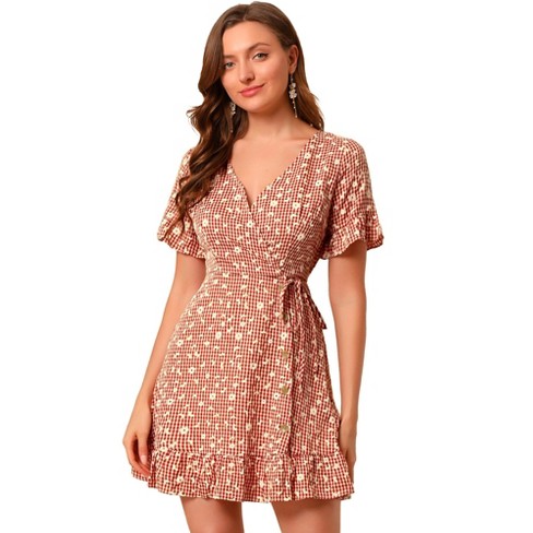 Allegra K Women's Floral Print V Neck Ruffle Hem Short Sleeve Faux Wrap Dress : Target