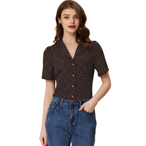 Allegra K Women's Heart-shaped Polka Dots V Neck Short Sleeve Button ...