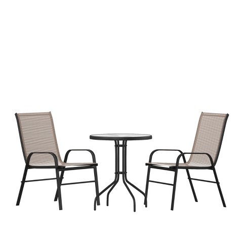 Flash Furniture 3 Piece Outdoor Patio Dining Set 23.75 Round Tempered Glass Patio Table 2 Brown Flex Comfort Stack Chairs Target