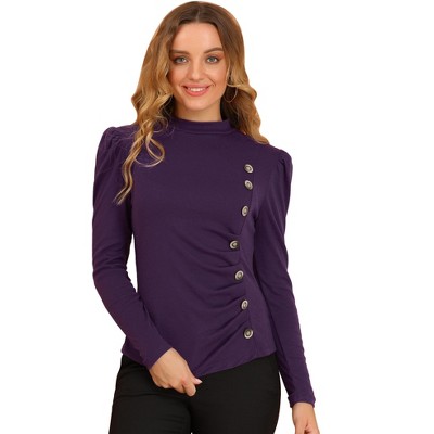 Allegra K Women's Mock Neck Puff Long Sleeve Knit Button Decor Ruched ...