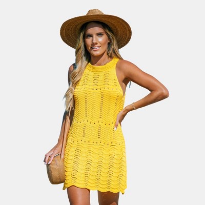 Women's Vibrant Yellow Crochet Lace Sleeveless Beach Cover-up Dress ...