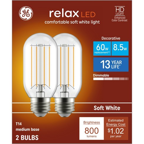 Ge 2pk 60w Relax T14 Led Light Bulbs Soft White: Dimmable, 800 Lumens, E26 Base, 13.7-year Life ...