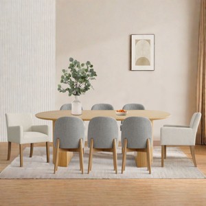 Dining Room Table Set, Oak Oval Table With 6 Gray Armless Linen Fabric ...