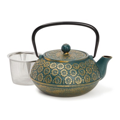 Juvale Green Cast Iron Floral Teapot Kettle With Stainless Steel ...