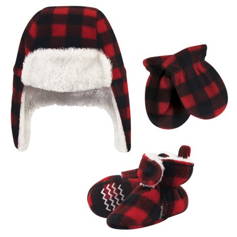 Hudson Baby Unisex Baby Trapper Hat, Mitten And Bootie Set, Black Red ...