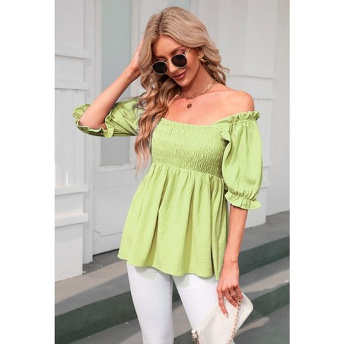 Whizmax Women's Summer Top Short Sleeve Square Neck Blouses Ruffle Smocked Peplum Babydoll ...