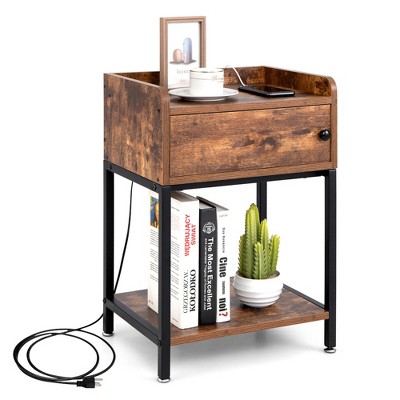 Costway Nightstand W/ Charging Station Sofa Side Table Storage Cabinet ...