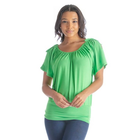 24seven Comfort Apparel Womens Solid Color Short Sleeve Split Shoulder ...