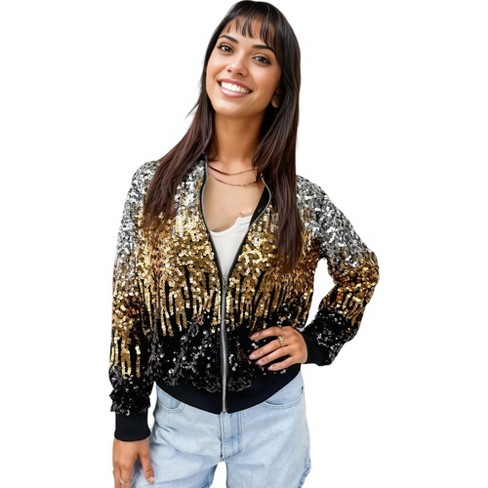 Anna-kaci Sequin Bright Zig Zag Ombre Sparkle Bomber Zip-up Jacket ...