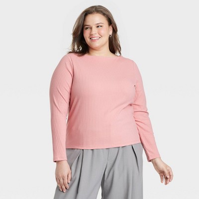 Women's Slim Fit Long Sleeve Ribbed Boat Neck T-shirt - A New Day™ Pink ...